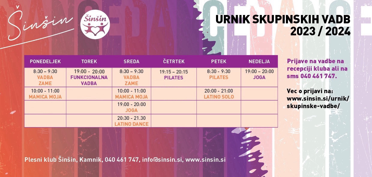 Majski urnik skupinskih vadb - ŠINŠIN